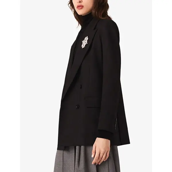 Maje Double-breasted Stretch Wool-blend Blazer With Removable Brooch