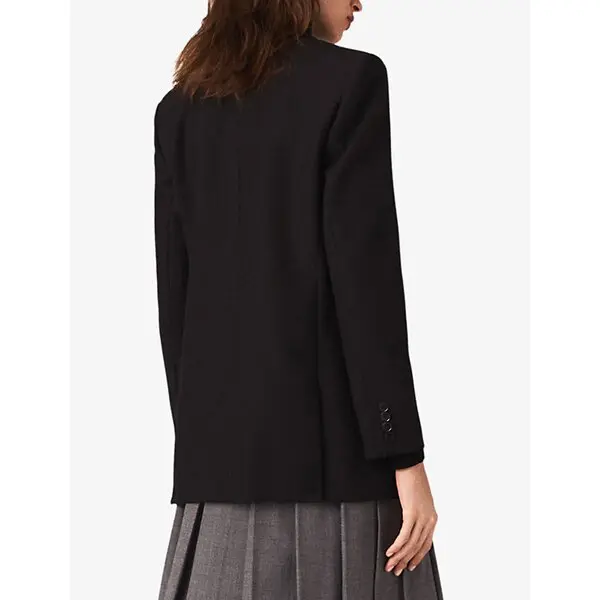 Maje Double-breasted Stretch Wool-blend Blazer With Removable Brooch
