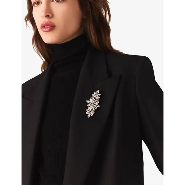 Maje Double-breasted Stretch Wool-blend Blazer With Removable Brooch