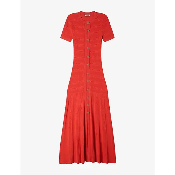 Sandro Short-sleeved Button-up Knitted Maxi Dress - Red