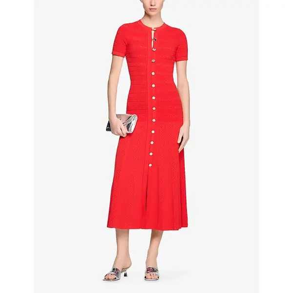 Sandro Short-sleeved Button-up Knitted Maxi Dress - Red