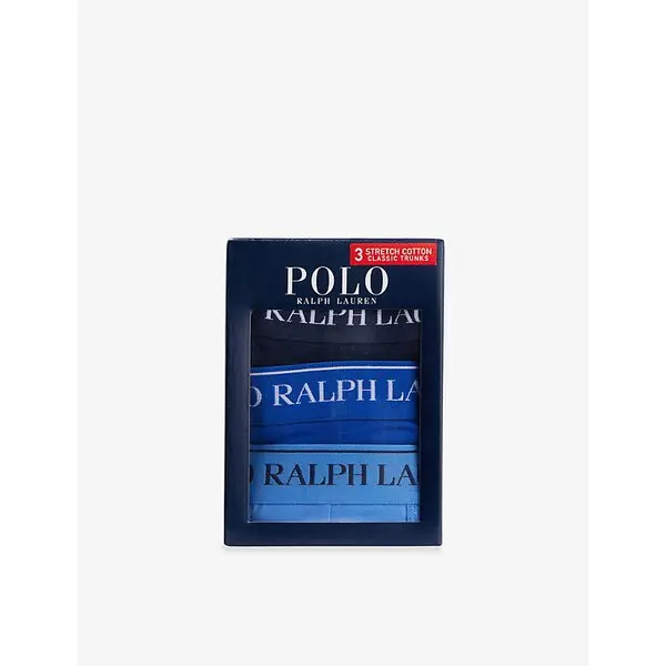 Polo Ralph Lauren Logo Waistband Classic-fit Stretch-cotton Trunks Pack Of Three - Blue/navy
