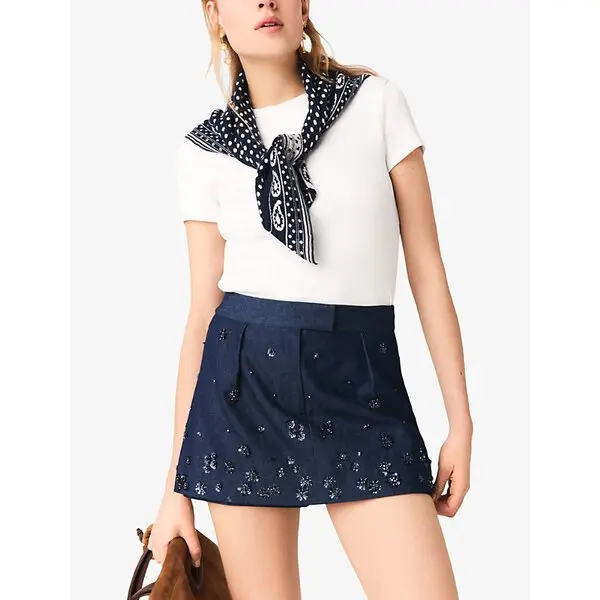 Maje Layered Sequin-embroidered Denim Shorts - Navy