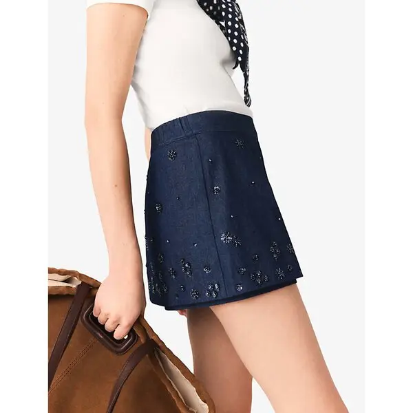 Maje Layered Sequin-embroidered Denim Shorts - Navy