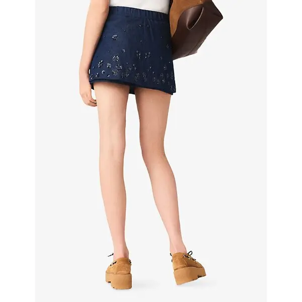 Maje Layered Sequin-embroidered Denim Shorts - Navy