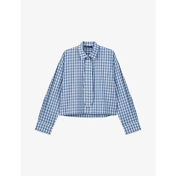 Maje Checked Cotton Shirt With Rhinestone Embellishments - Blue Check Print