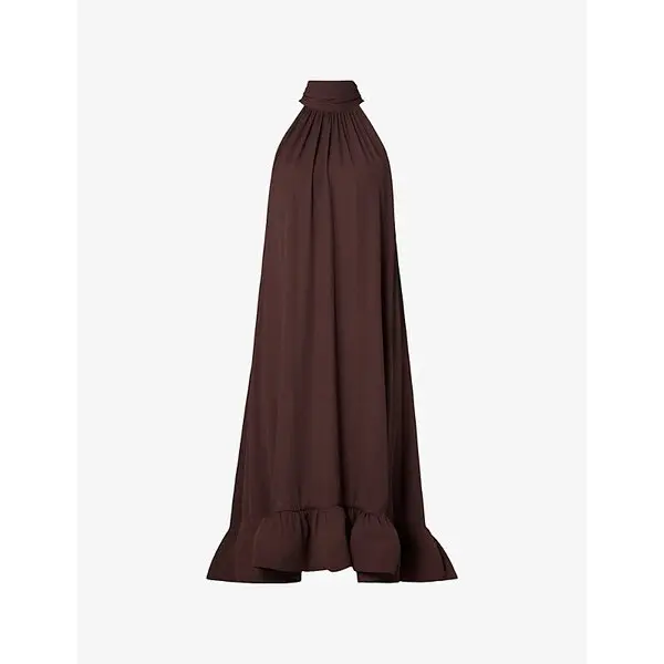 MALINA Sabrina Halter-neck Ruffled Woven Midi Dress - Chocolate