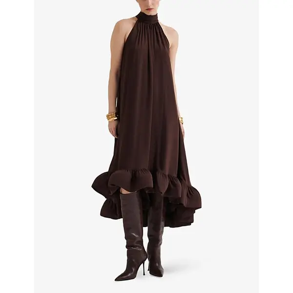 MALINA Sabrina Halter-neck Ruffled Woven Midi Dress - Chocolate