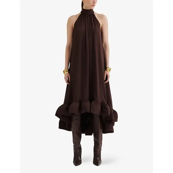 MALINA Sabrina Halter-neck Ruffled Woven Midi Dress - Chocolate