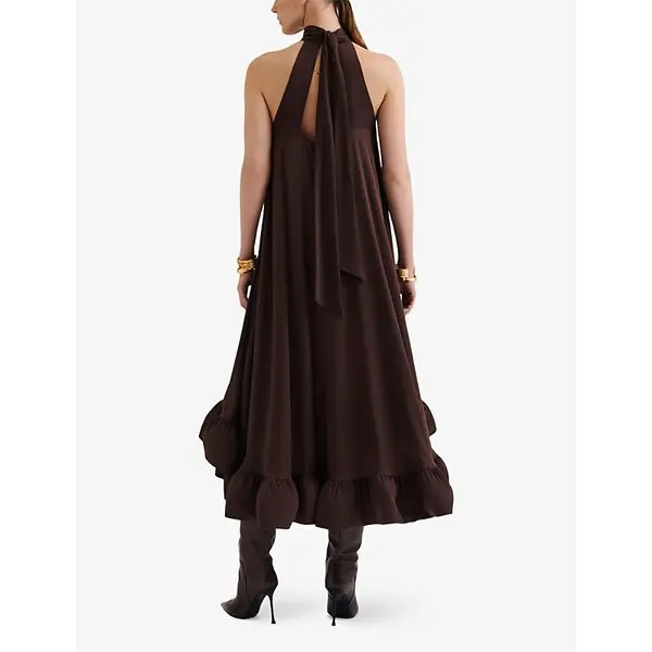 MALINA Sabrina Halter-neck Ruffled Woven Midi Dress - Chocolate