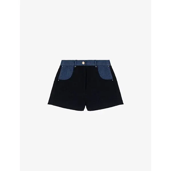 Maje Mid-rise Denim Trimmed Tweed Shorts - Navy