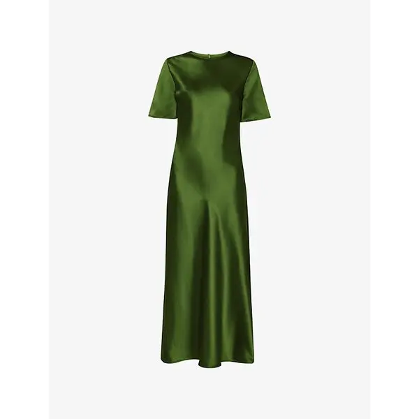 Whistles Avery Twist-back Short-sleeve Satin Midi Dress - Green
