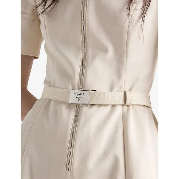 Prada Logo-belt A-line Cotton Chino Midi Dress - Neutral
