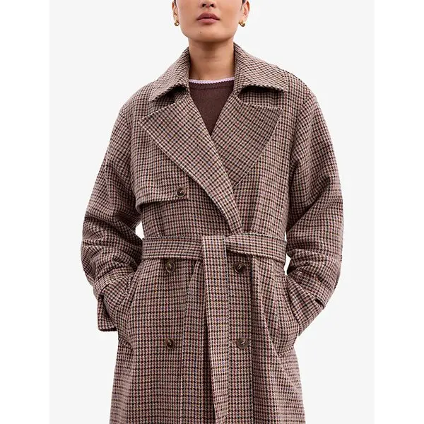 RO&ZO Houndstooth Double-breasted Wool-blend Trench Coat