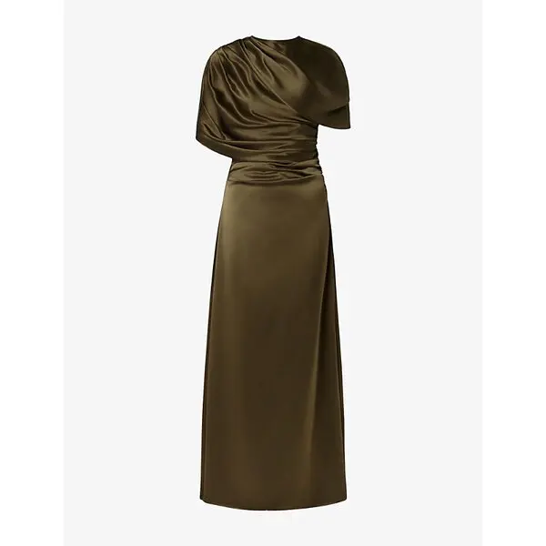 MALINA Cassia One-shoulder Satin Maxi Dress - Olive