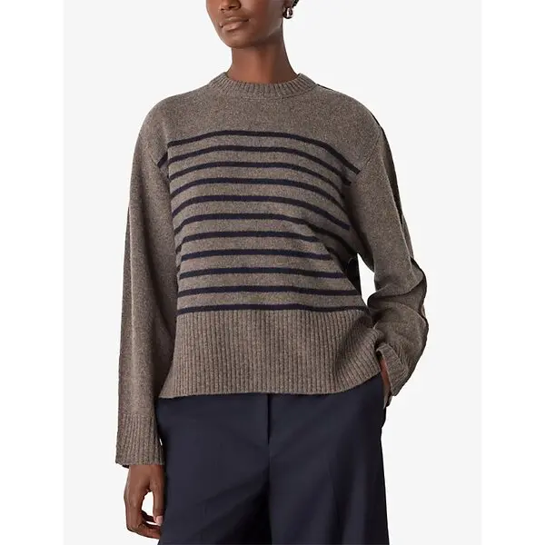 Whistles Striped Round Neck Wool Jumper - Cream