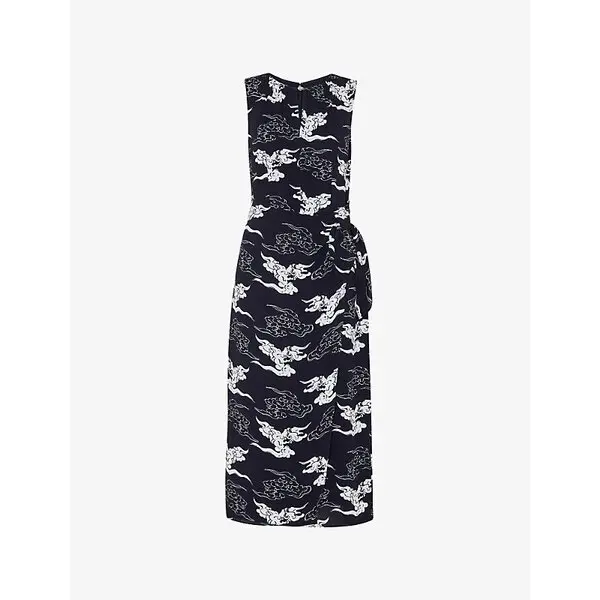 Whistles Cloud-print Tie-waist Midi Dress - Navy/multi