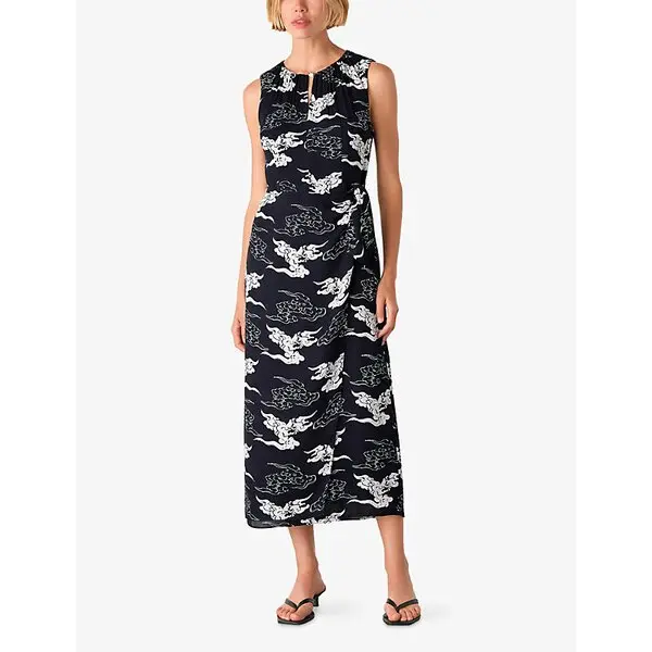 Whistles Cloud-print Tie-waist Woven Midi Dress