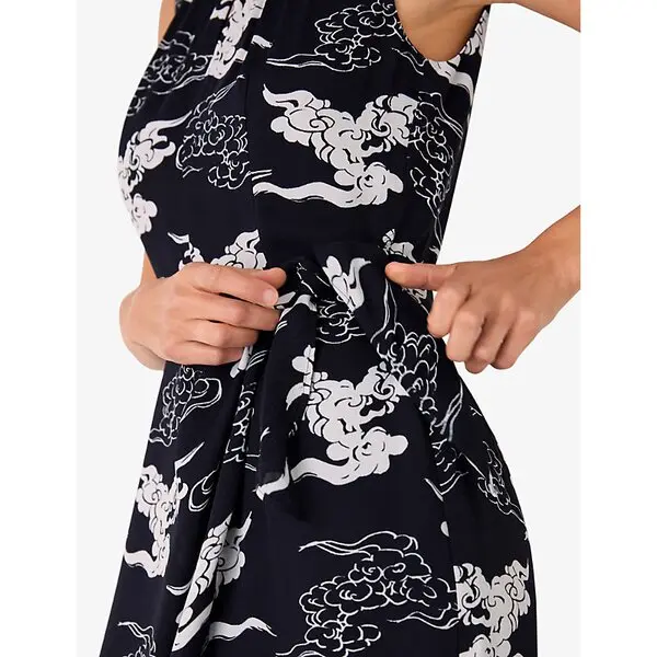 Whistles Cloud-print Tie-waist Woven Midi Dress