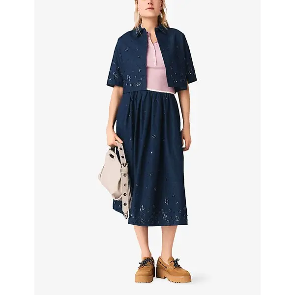Maje Bead-embellished Cropped Denim Shirt - Navy