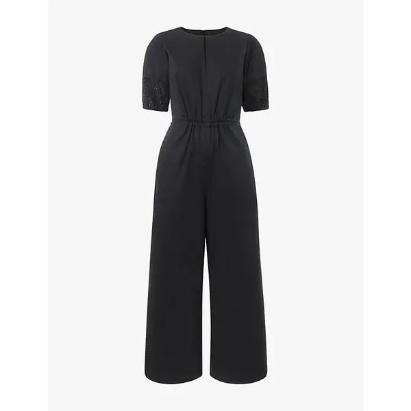 Whistles Broderie-trim Square-neck Cotton-poplin Jumpsuit - Black