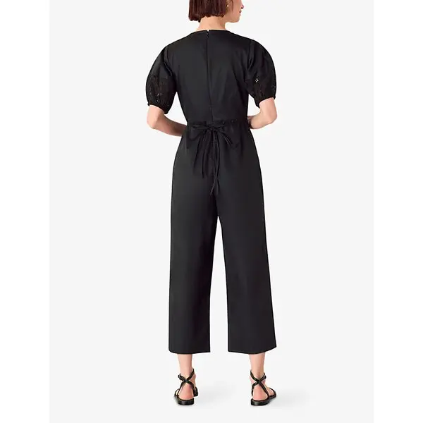 Whistles Broderie-trim Square-neck Cotton-poplin Jumpsuit