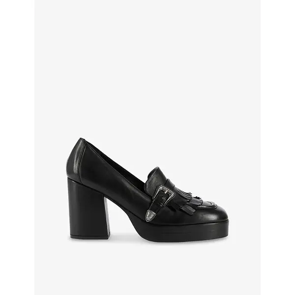The Kooples Buckle-embellished Fringed Block Heel Leather Shoes - Black