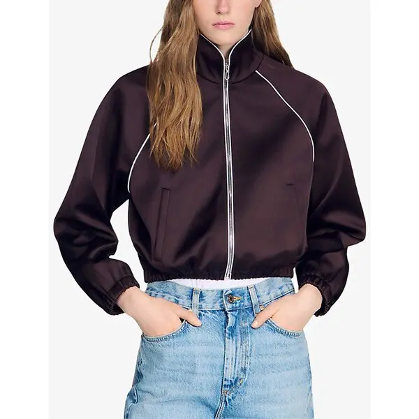 Sandro Contrast-trim Cropped Satin Jacket