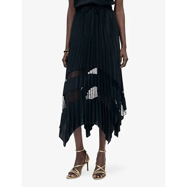 The Kooples Sheer-panel Asymmetric Hem Woven Midi Skirt