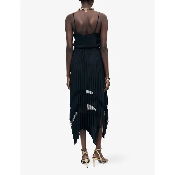 The Kooples Sheer-panel Asymmetric Hem Woven Midi Skirt