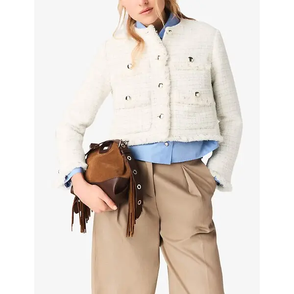 Maje Cropped Tweed Jacket With Frayed Trim