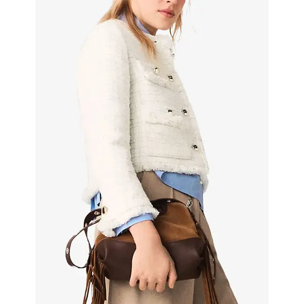Maje Cropped Tweed Jacket With Frayed Trim