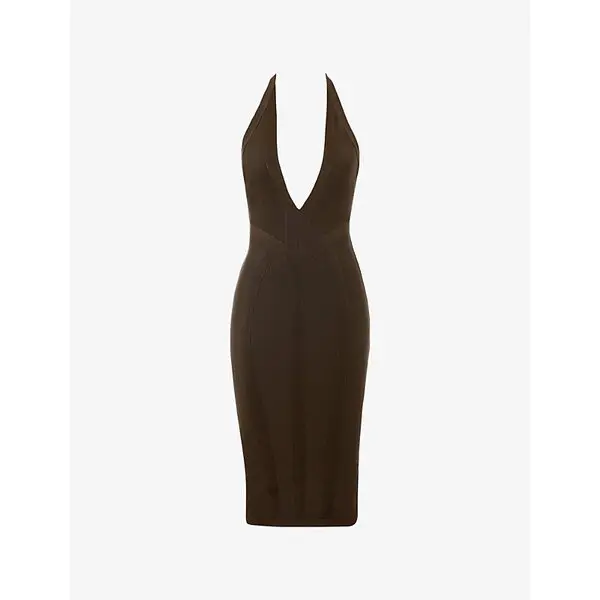 House Of Cb The Sculpt Halter-neck Bandage Stretch-woven Midi Dress - Chocolat