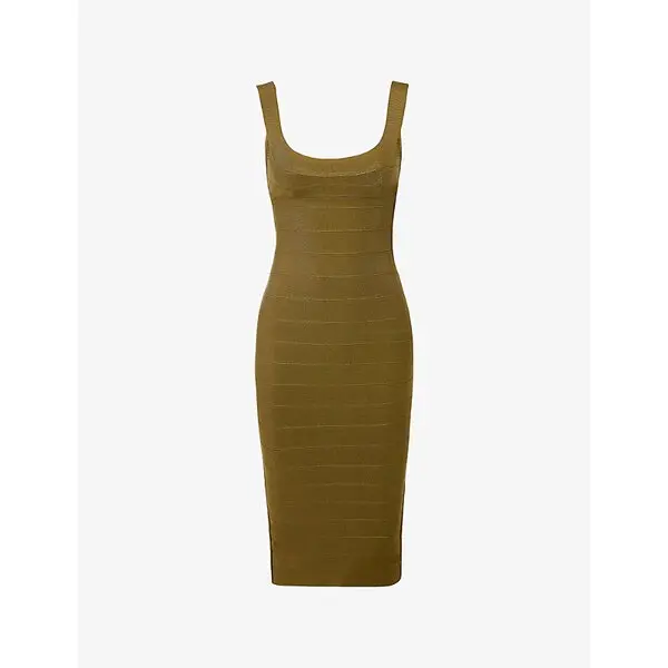 House Of Cb The Sculpt Halter-neck Bandage Stretch-woven Midi Dress - Olive