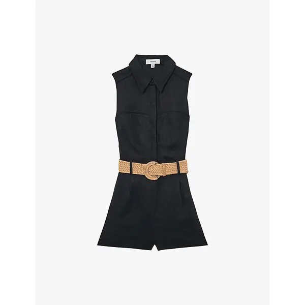 REISS Belted Waist Linen Playsuit - Navy