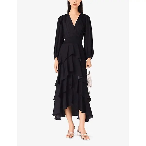 Maje Ruffinella Smocked Waist Ruffled Maxi Dress