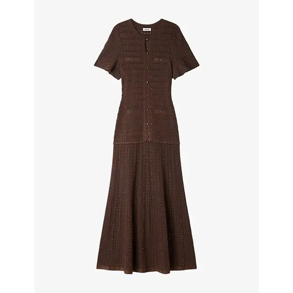 Sandro Rhinestone Embellished Knitted Maxi Dress - Brown