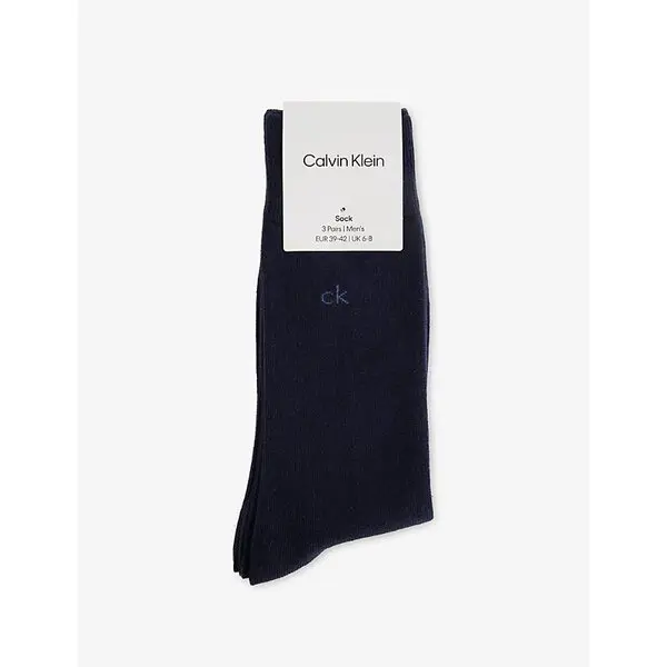 Calvin Klein Logo Stretch-cotton Crew Socks Pack Of Three - Navy