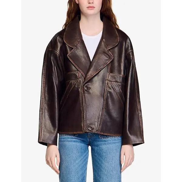 Sandro Oversized Collar Relaxed Fit Leather Jacket - Bruns