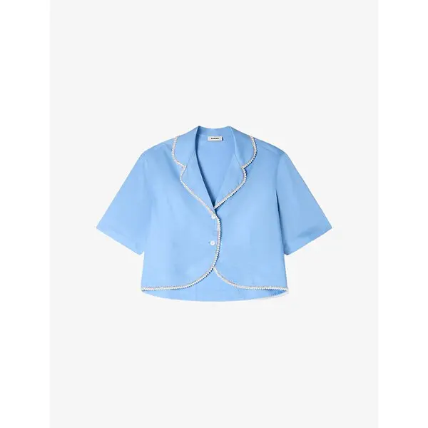 Sandro Cropped Beaded-trim Cotton Shirt - Blue