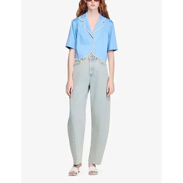 Sandro Cropped Beaded-trim Cotton Shirt