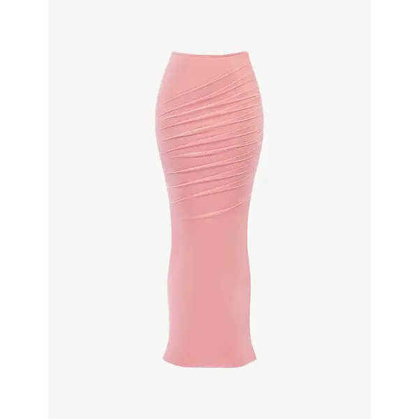 House Of Cb Cassidy Fluted-hem Mesh Maxi Skirt - Peach