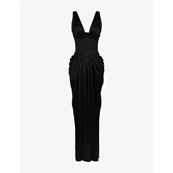 House Of Cb Angeline Hourglass Plunge Neck Satin Maxi Dress - Black