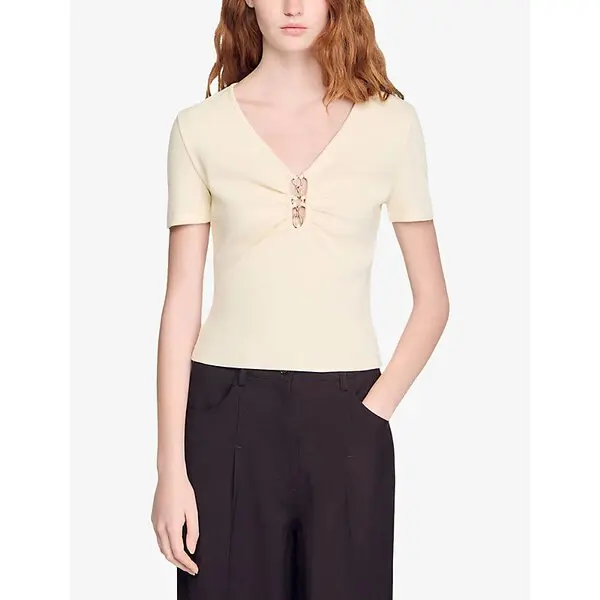 Sandro Jewel-embellished Cropped T-shirt - Ecru
