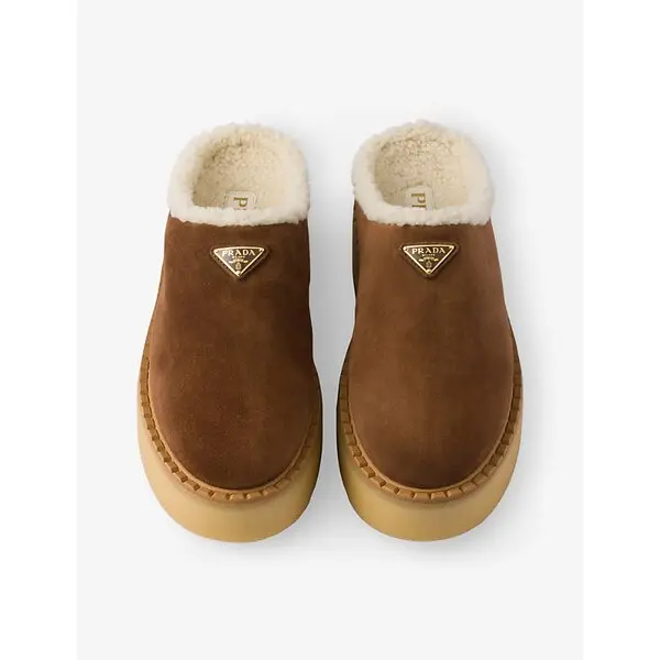Prada Logo Plaque Suede Slippers - Brown