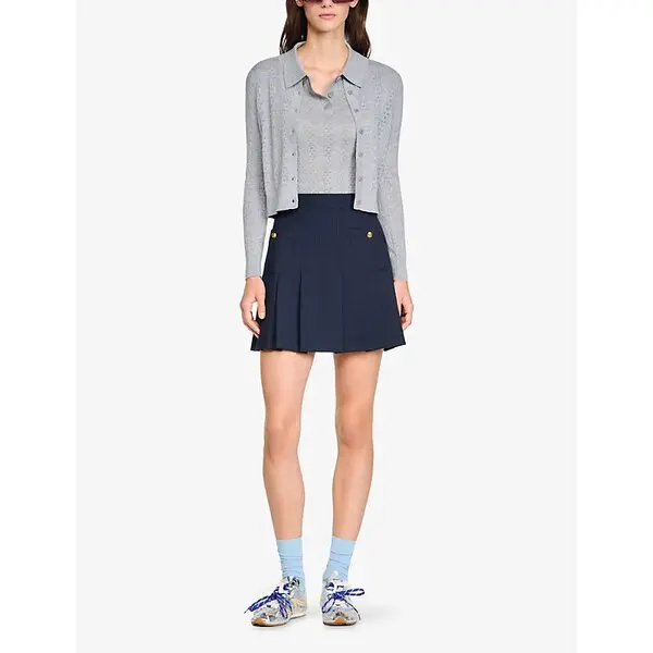 Sandro Pointelle Knit Wool Cardigan - Grey