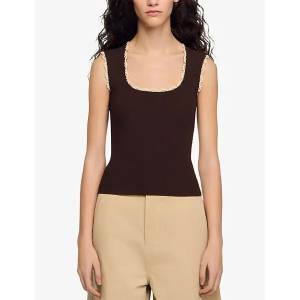Sandro Ribbed Crochet-embroidered Knitted Top - Brown