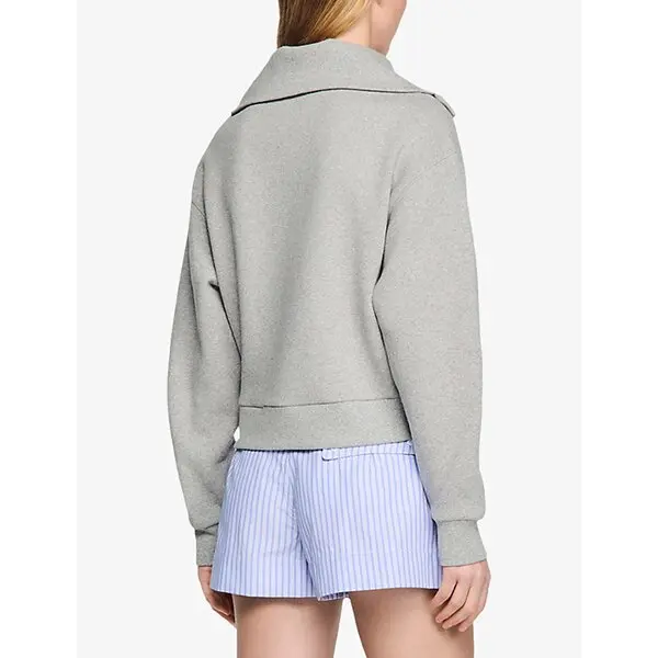 Sandro Embroidered Split-neck Cotton-blend Sweatshirt - Grey