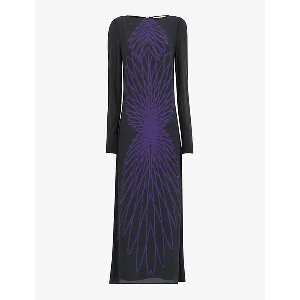 LEEM Abstract Print Long Sleeve Woven Midi Dress - Grey
