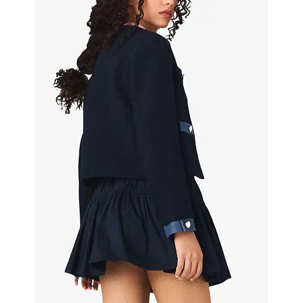 Maje Denim-trimmed Four-pocket Tweed Jacket - Navy